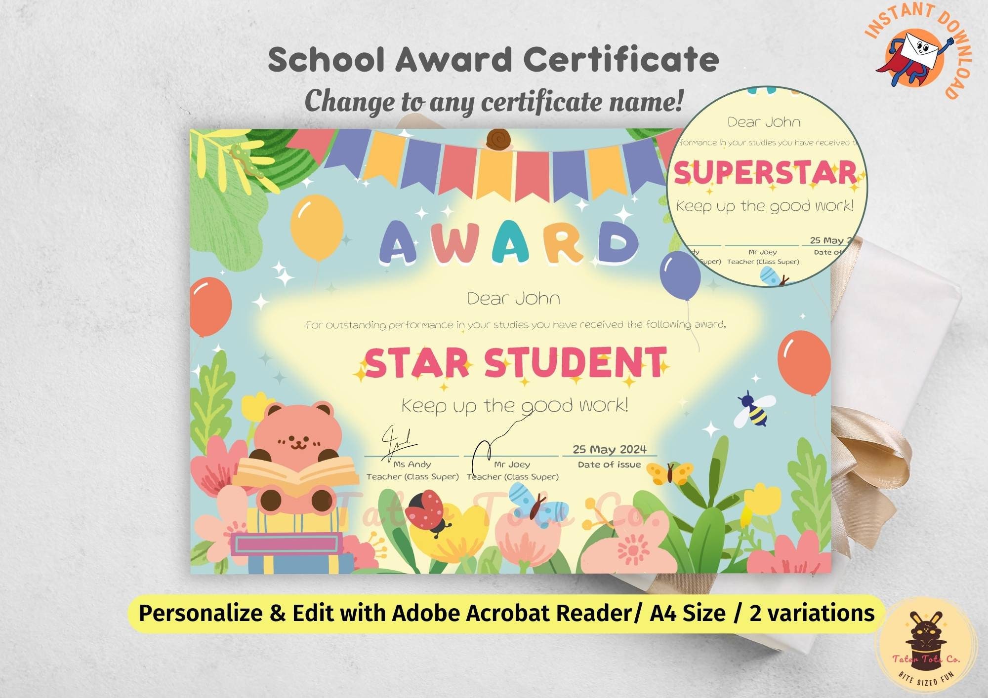 Editable Preschool or School Award Certificate Diploma Star Student ...