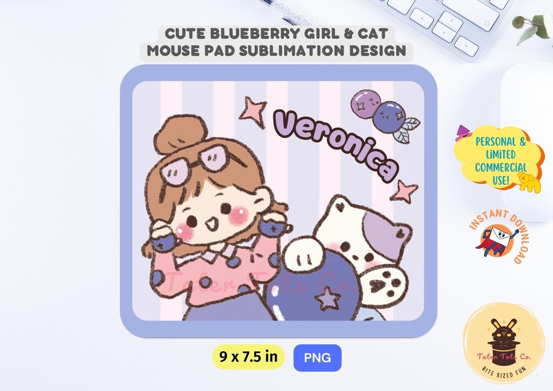 Cute Hand Drawn Blueberry Girl and Cat Purple Blue Sublimation Design ...