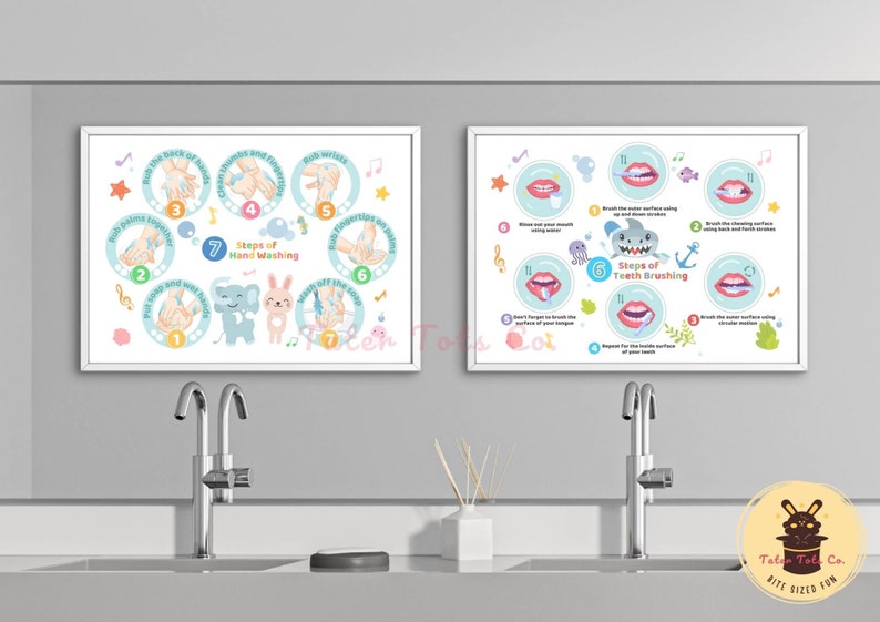 7-steps Hand Washing and 6-steps Teeth Brushing Preschool Guide 2 Set ...