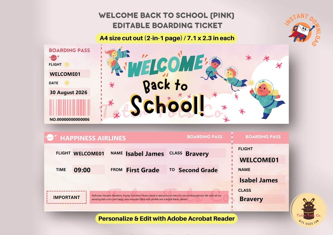 Welcome Back to School Editable Boarding Ticket Pink Airline Pass for ...