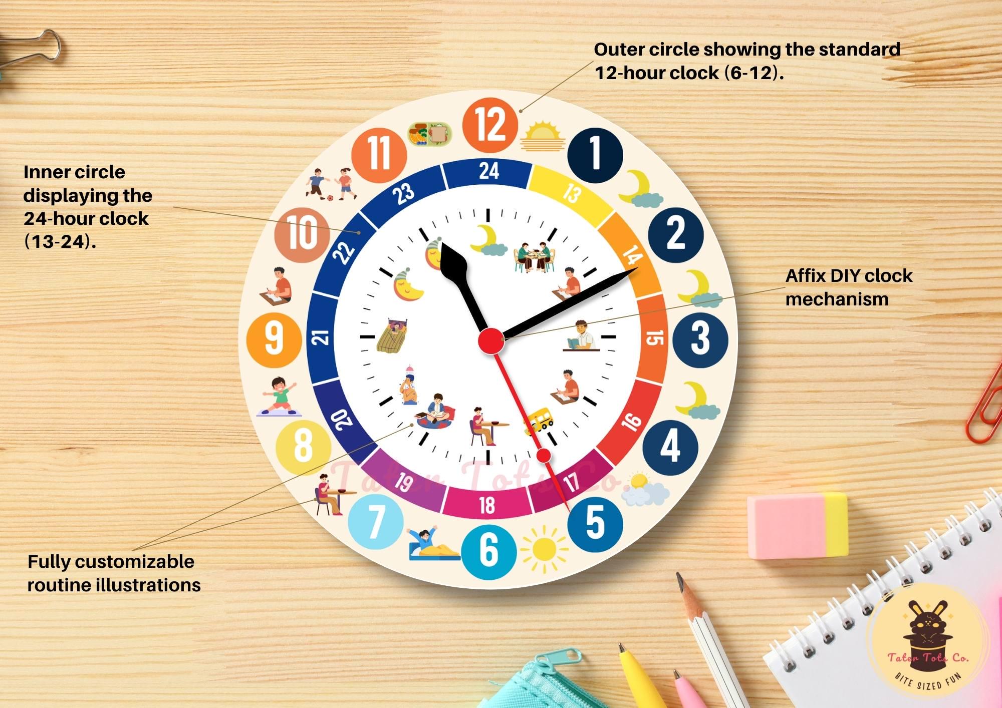Custom DIY 24-hour Routine Clock Template for Kids: Dual Time Teaching ...