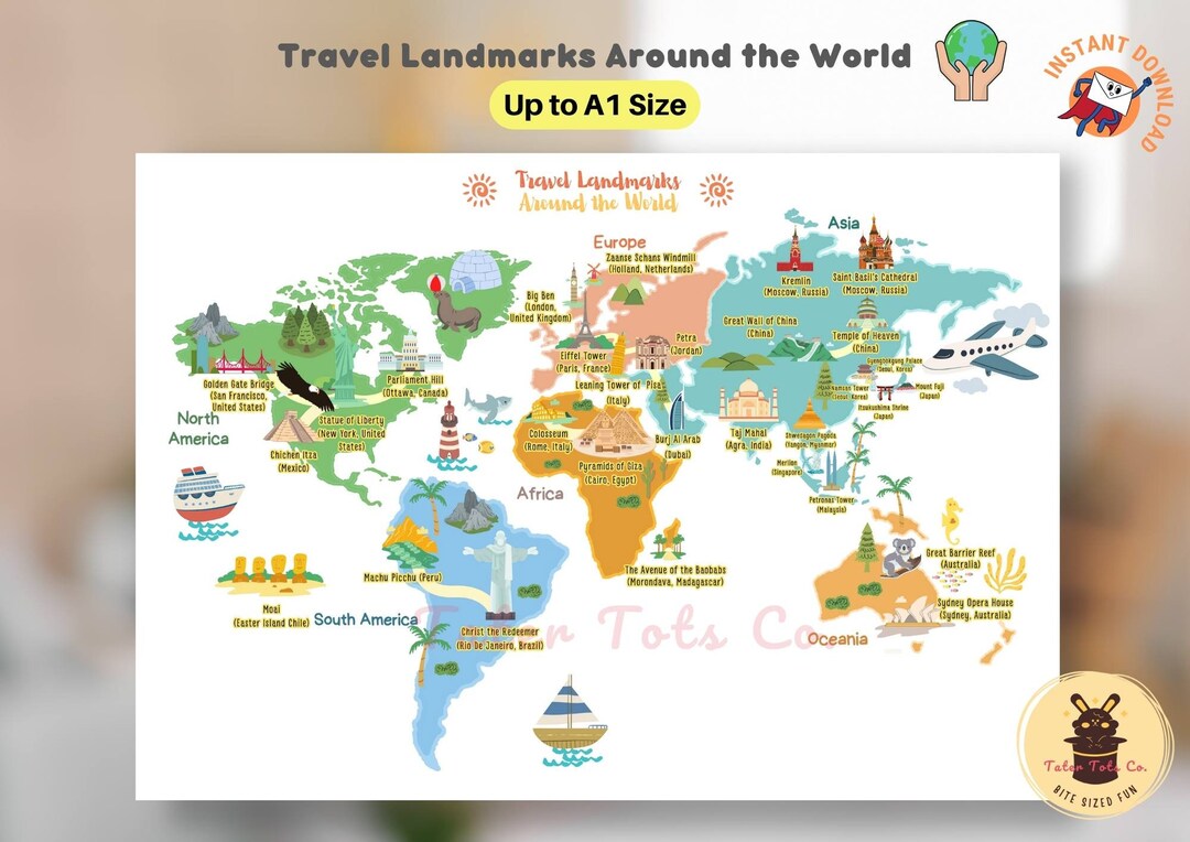 Travel Landmarks on the World Map Famous Places and Locations Around ...