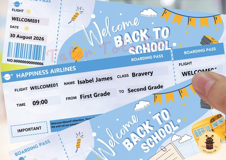 Welcome Back to School Editable Boarding Ticket - Blue Airline Pass for ...