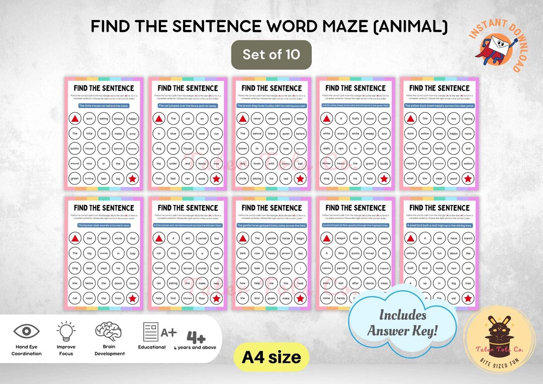 Find the Sentence Word Maze Puzzle Animal Theme Bundle Engaging Mazes ...