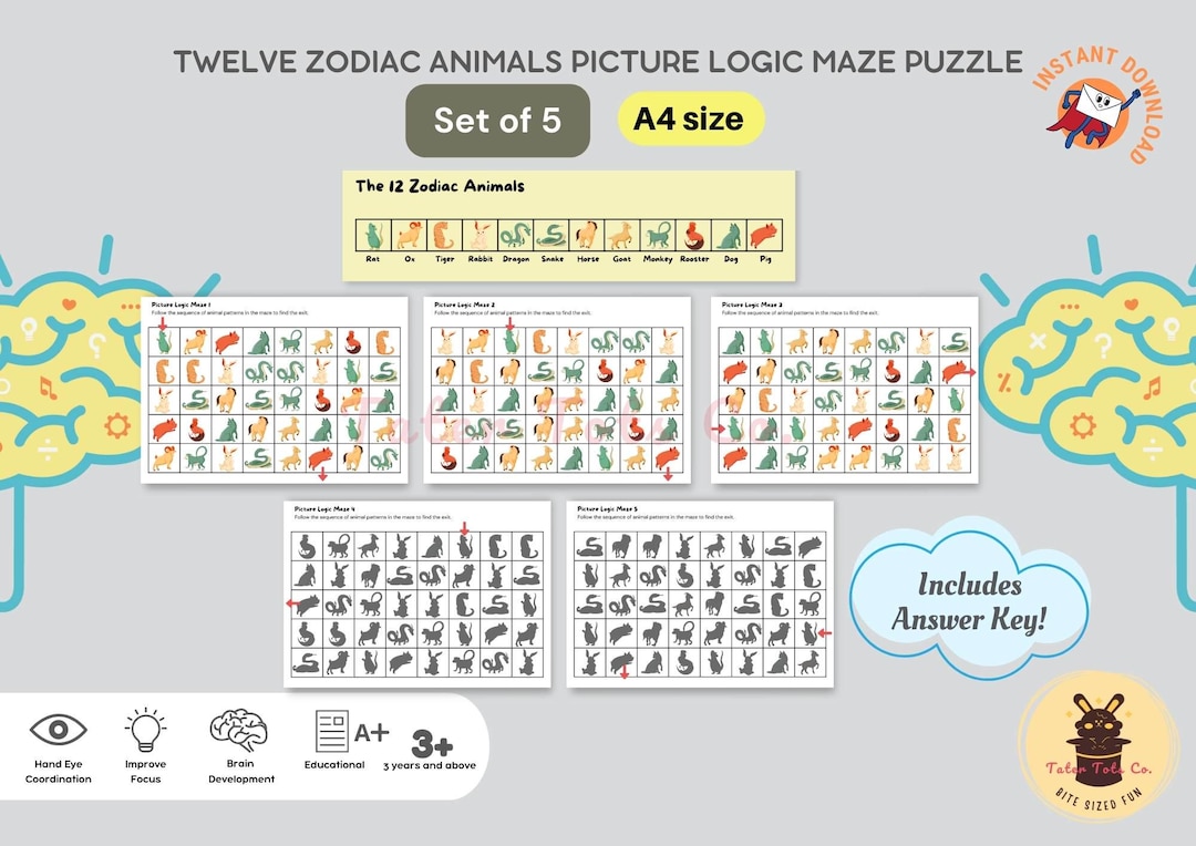 Zodiac Animals Picture Logic Maze Puzzle Set - 5 Engaging Mazes for ...