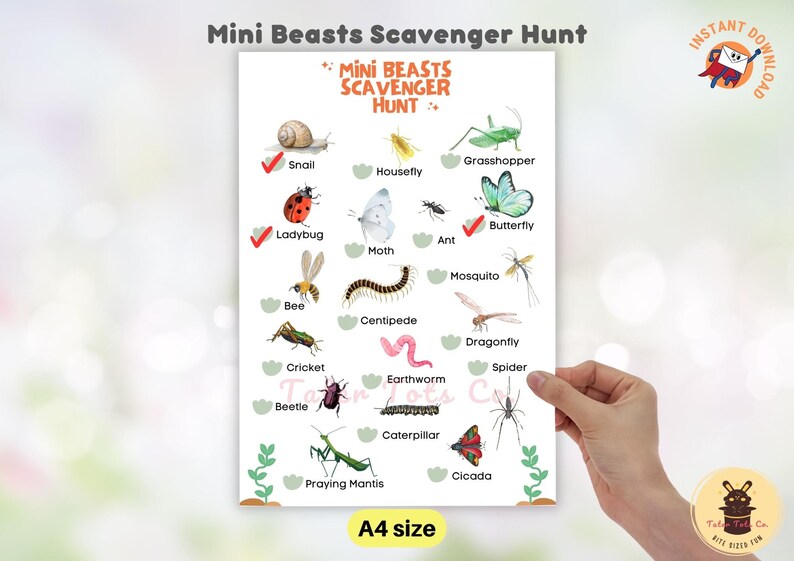 Watercolor Insect Bug Mini Beasts Garden Scavenger Hunt Checklist ...