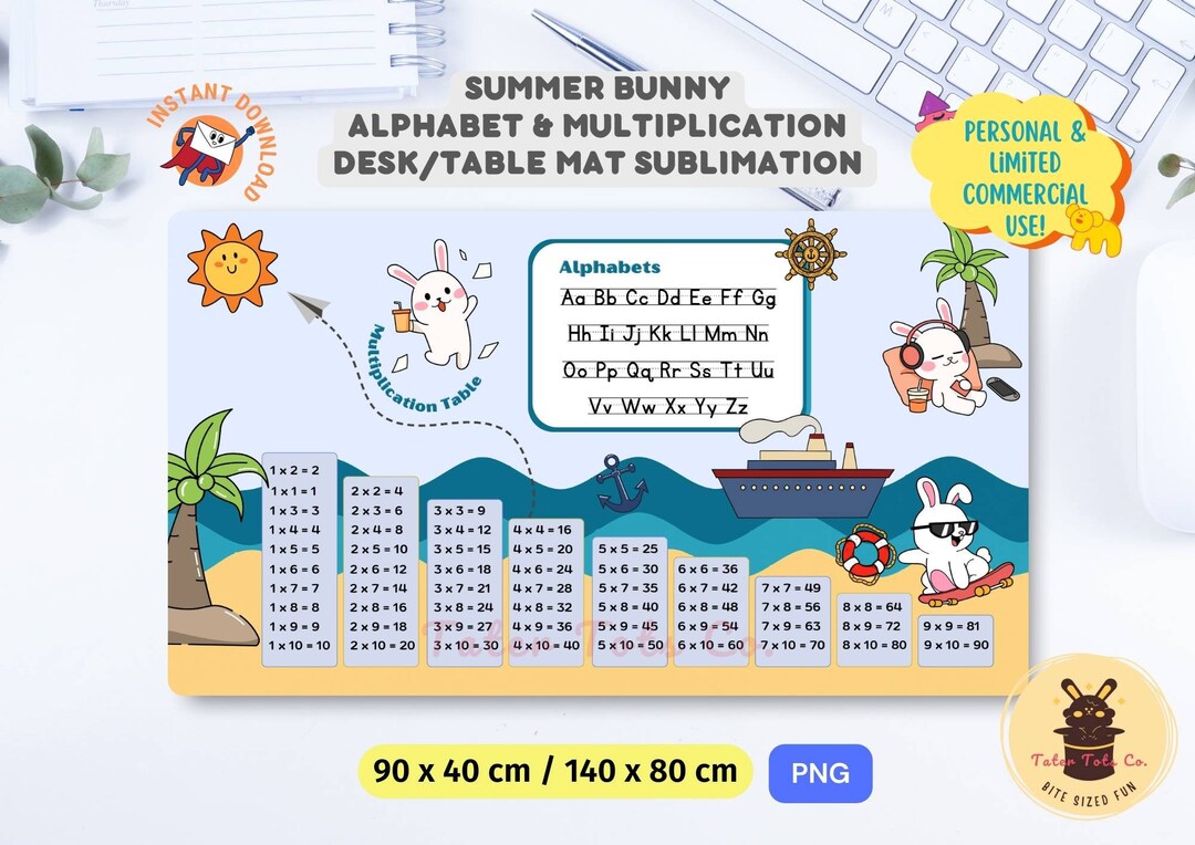 Cute Cartoon Summer Beach Fun Bunny Alphabet and Multiplication Chart ...
