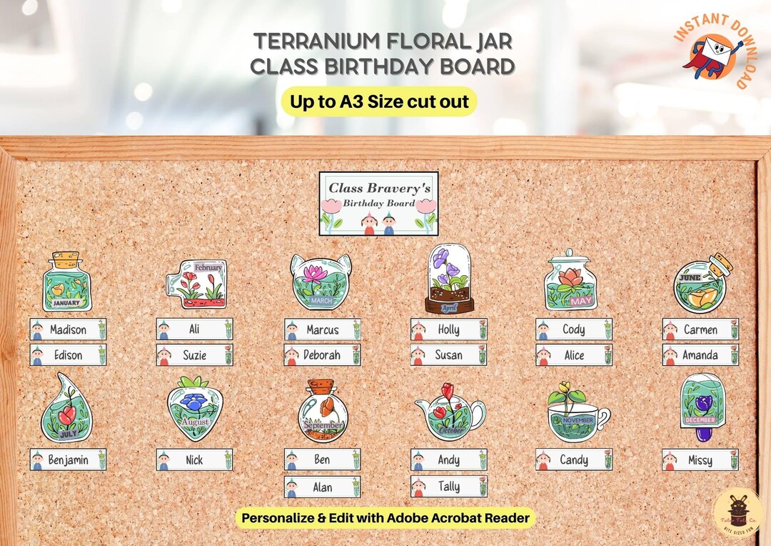 Floral Terrarium Jars Classroom Birthday Board With Gender Icons ...