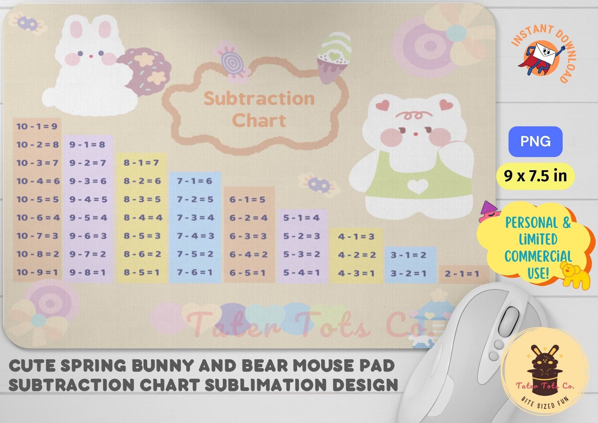 Cute Spring Bunny and Bear, Math Subtraction Numbers Chart Mousepad Png ...