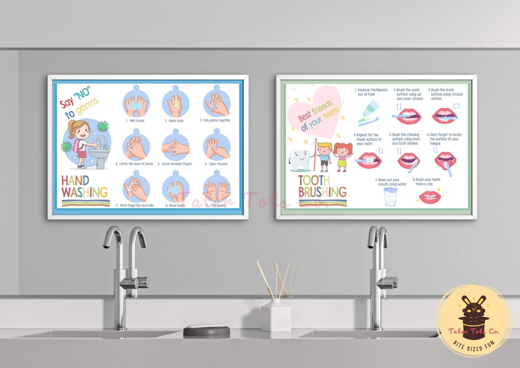 Tooth Brushing and Handwashing Guides Hygiene Poster Set Preschool ...