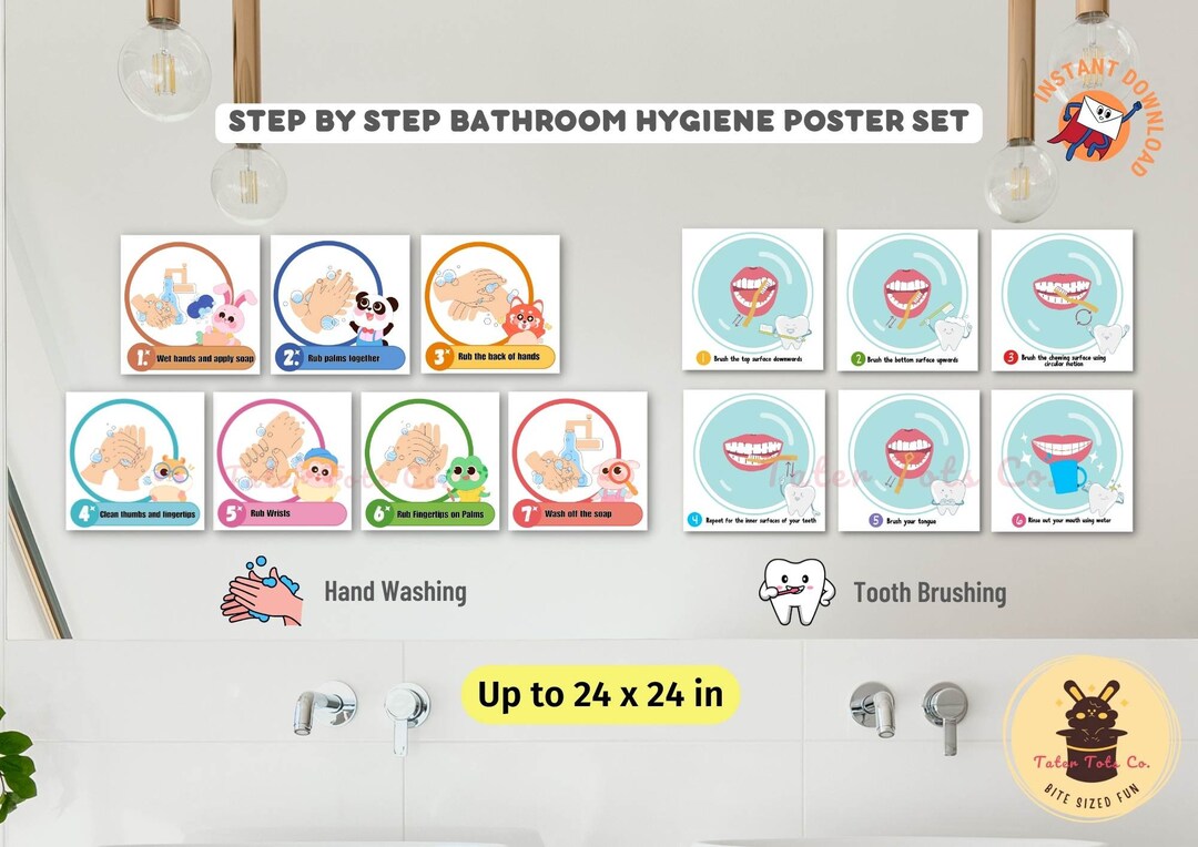 Step-by-step Kids Hygiene Posters for Tooth Brushing and Hand Washing ...