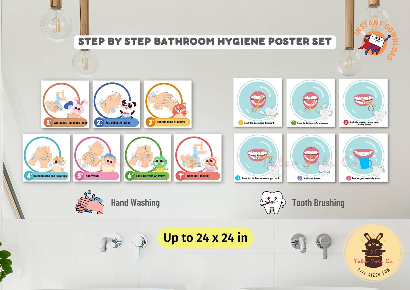 Step-by-step Kids Hygiene Posters for Tooth Brushing and Hand Washing ...