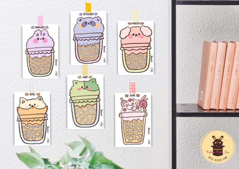 Printable 12 Months Savings Challenge: Cute Bubble Tea Animals Hand ...