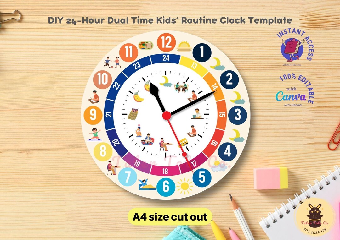 Custom DIY 24-hour Routine Clock Template for Kids: Dual Time Teaching ...