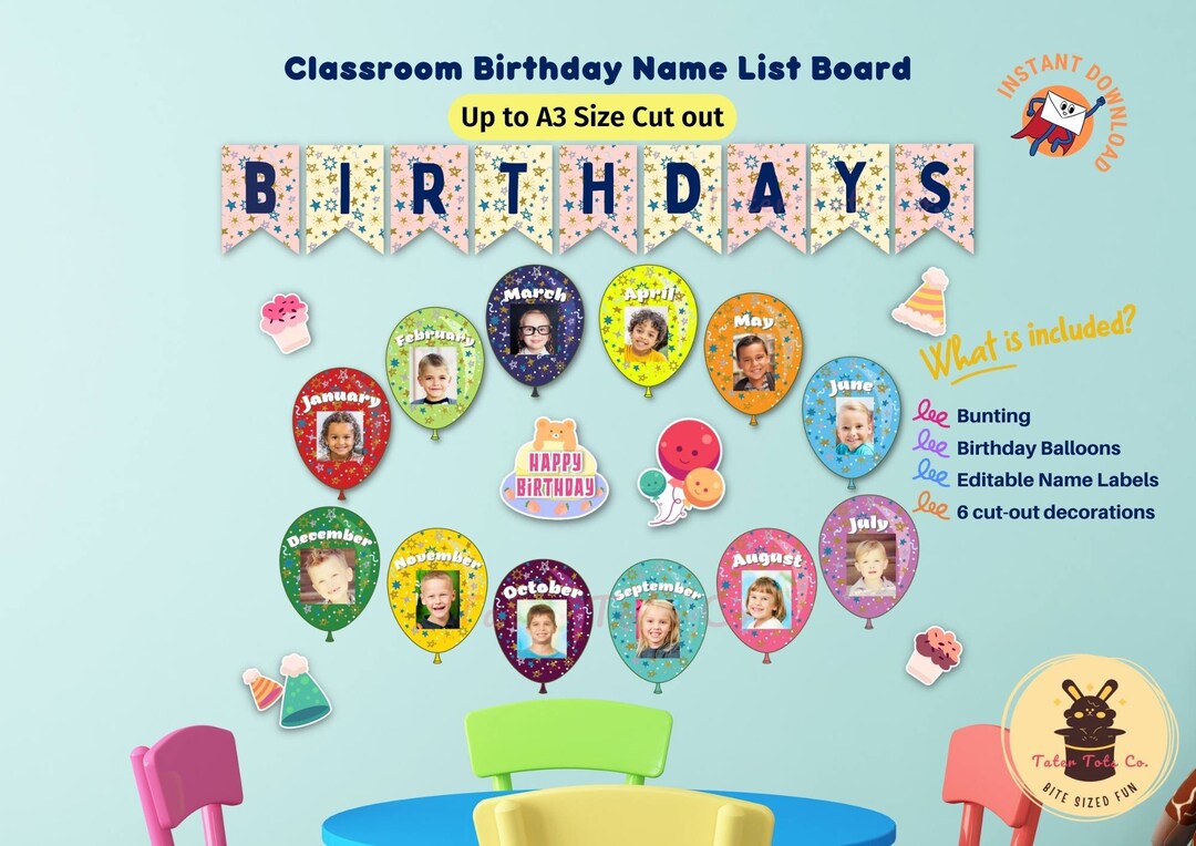 Classroom Birthday List Confetti Rainbow Balloons Bulletin Board With ...
