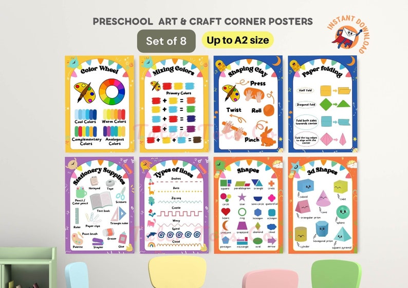 Preschool Art Corner Cute Decor Posters With Basic Color Theory, Line ...