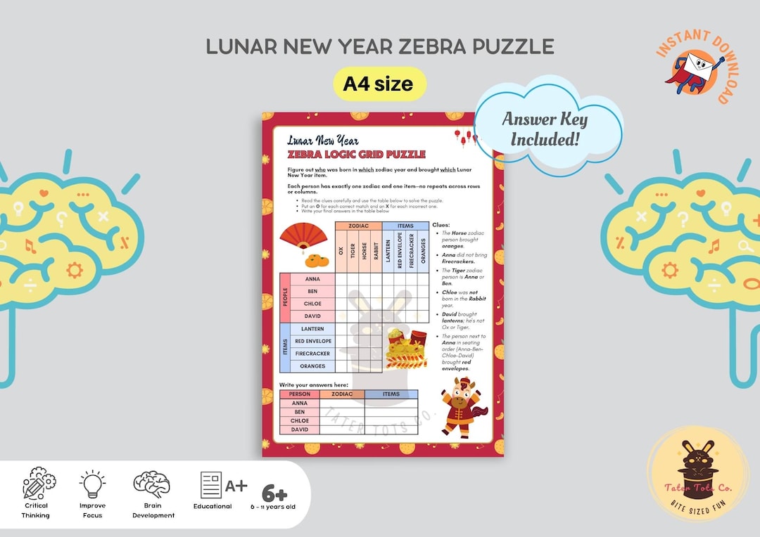 Lunar Chinese New Year Zebra Logic Puzzle Grid - Instant Download PDF ...