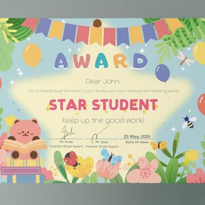 Editable Preschool or School Award Certificate Diploma Star Student ...