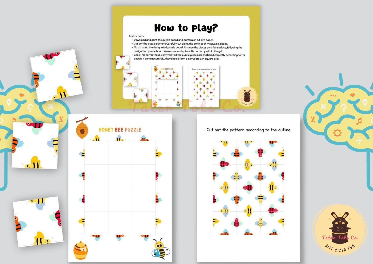 Printable 3x4 Square Grid Puzzle Patterns - Set of 8 Bundle | Brain ...