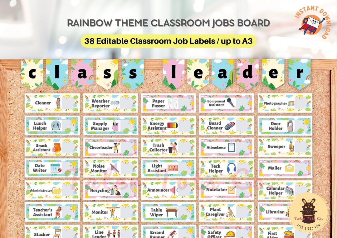 Classroom Job Leaders Board Pastel Rainbow, Decoration and Bunting ...