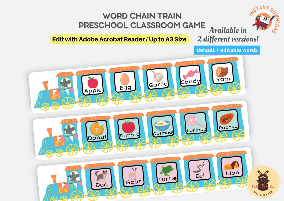 Word Chain Train Game: Preschool Classroom Printable Fun Vocabulary ...