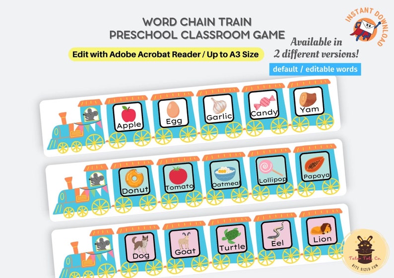 Word Chain Train Game: Preschool Classroom Printable Fun Vocabulary ...