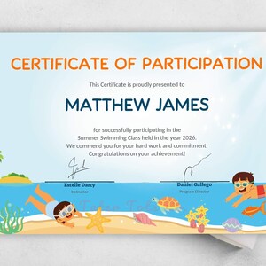 Swimming Award Completion Certificate, Skill Achievements, Safety ...