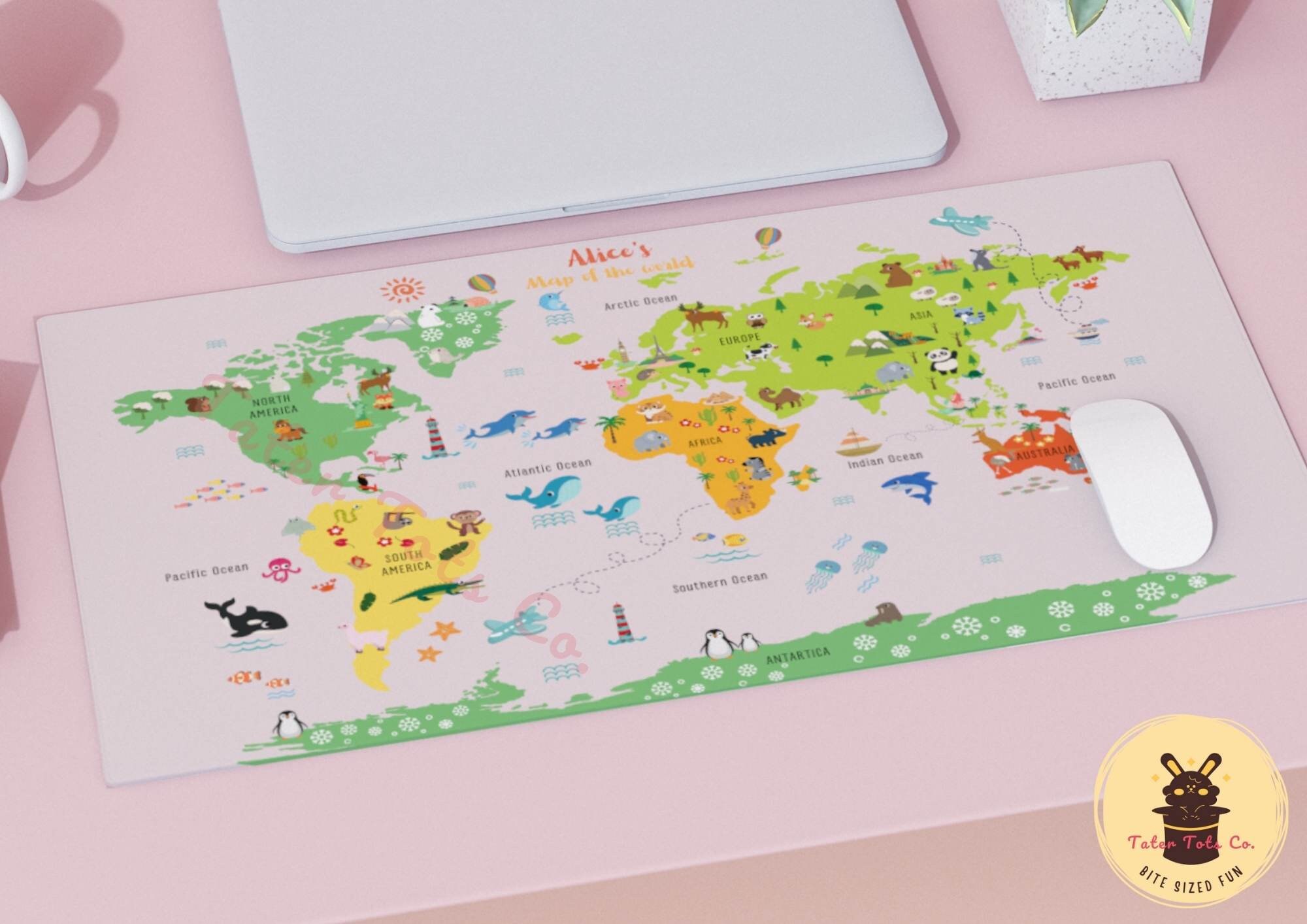 Personalized Cute Animal World Map for Kids Custom Desk Mat Sublimation ...