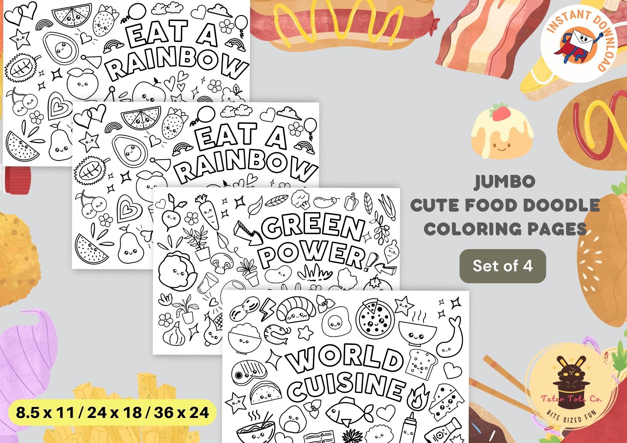 Large Coloring Sheets Bundle Cute Food Doodle Patterns - Etsy