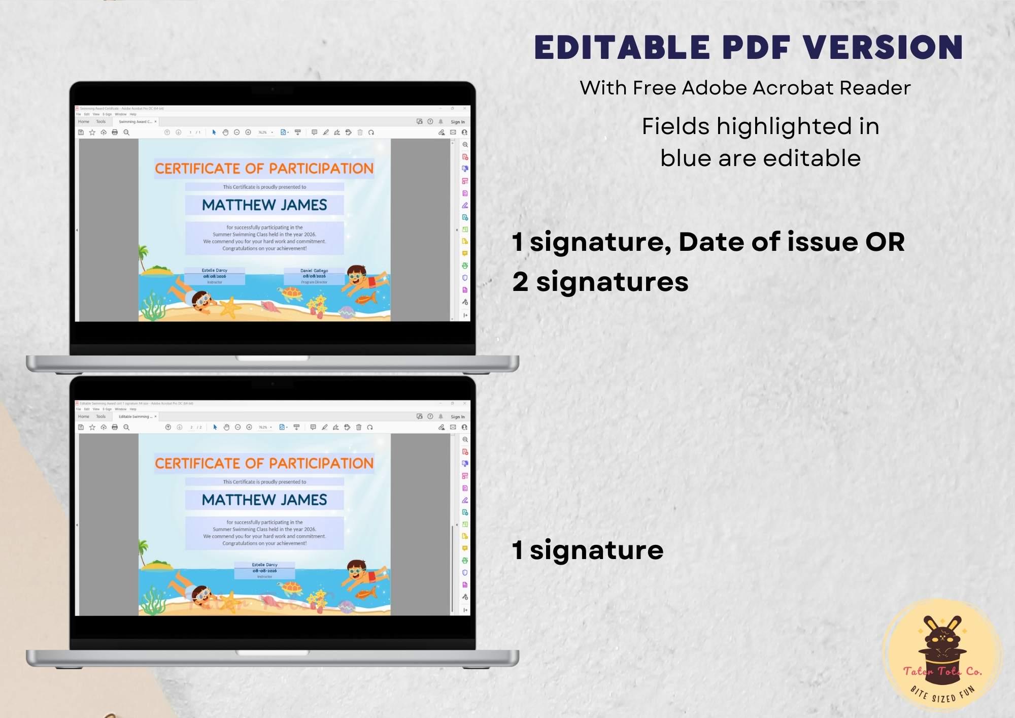 Editable Swimming Award Certificate: Swim School Progress (PDF Download ...