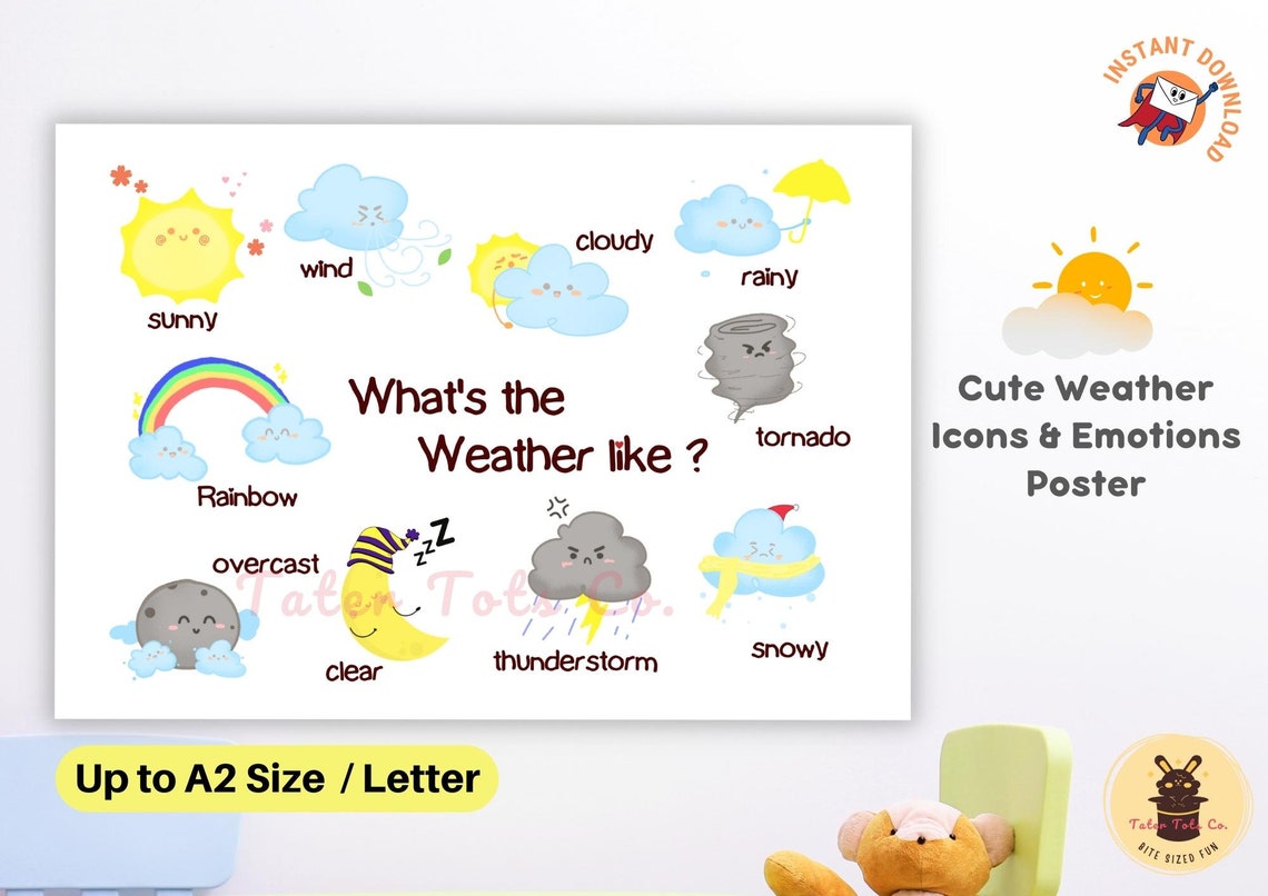 Cute Weather Icons and Emotions Poster for Baby Nursery Wall or Kids ...