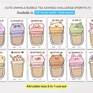 Printable 12 Months Savings Challenge: Cute Bubble Tea Animals Hand ...