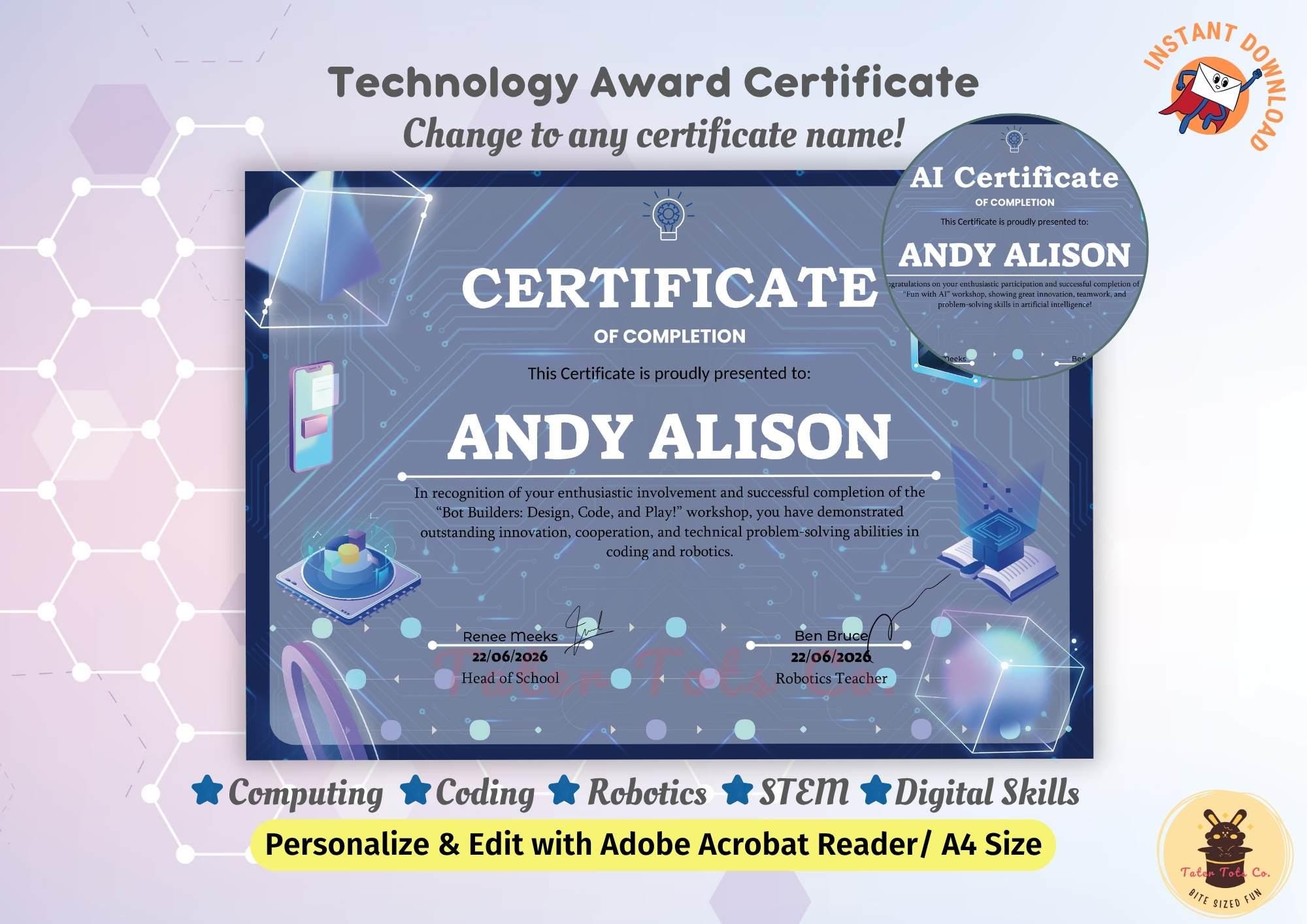 Editable Technology Award Certificate: STEM, Coding, Robotics (PDF ...