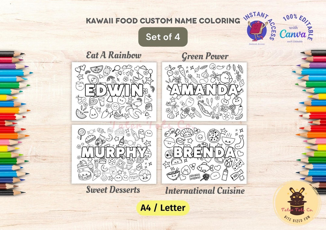 Custom Kids Name Coloring: Kawaii Food Doodle Bundle for Fruits ...
