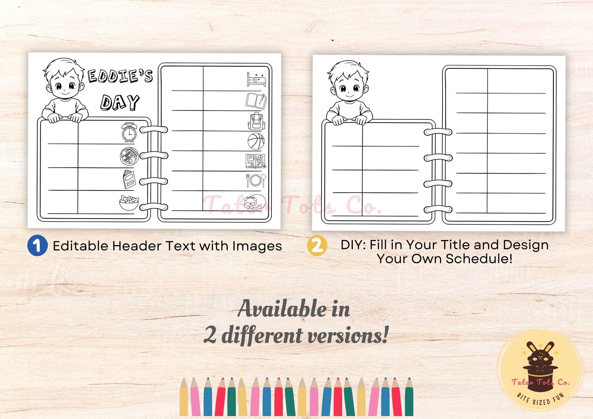 Kid's Visual Schedule Coloring Page: Editable Boy's Daily Routine (PDF ...