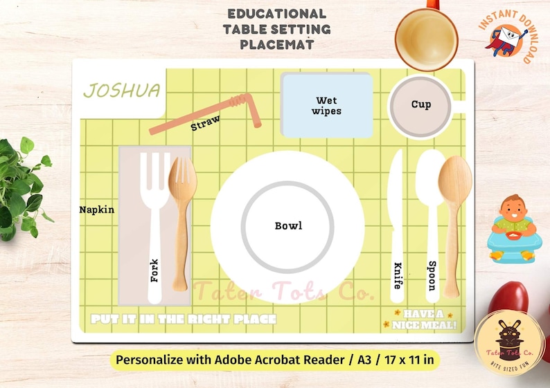Personalized Educational Table Setting Placemat for Kids Mannerism ...