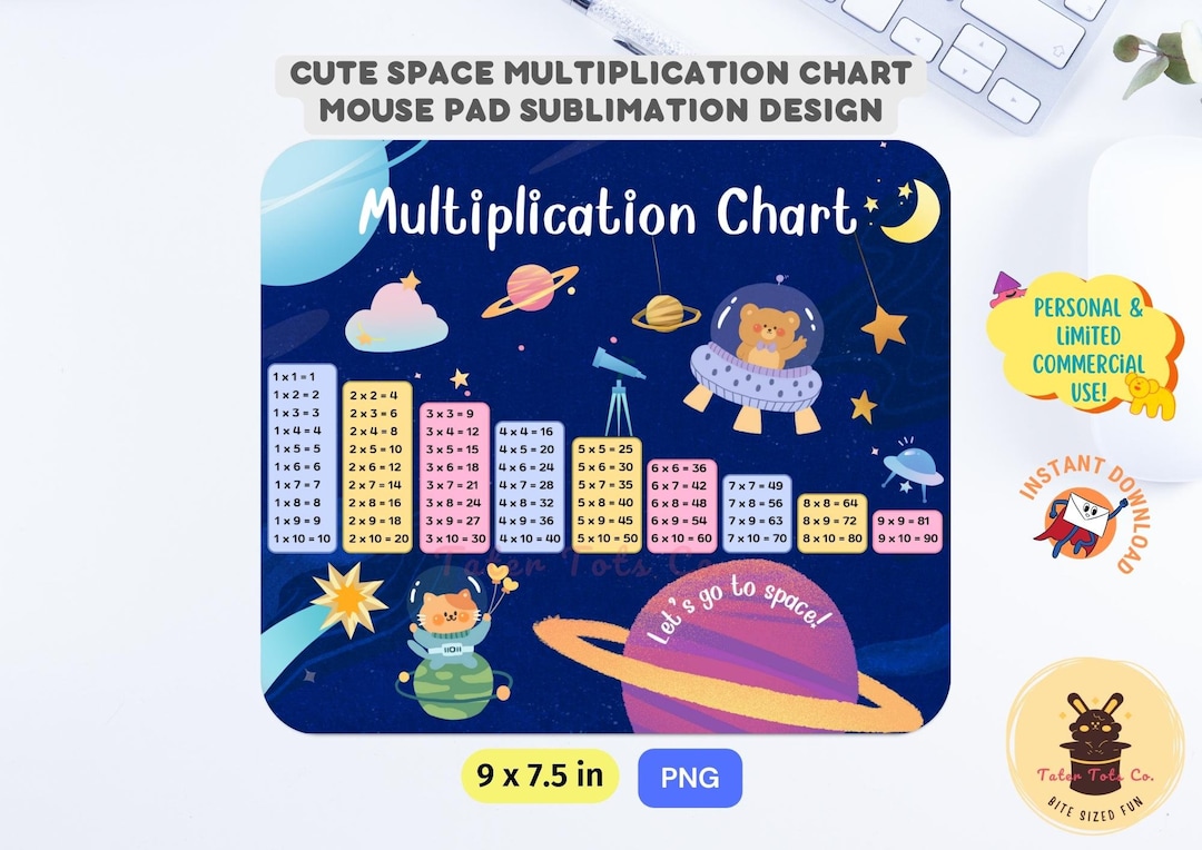 Cute Space Solar Planets Bear and Cat Mathematics Multiplication Chart ...