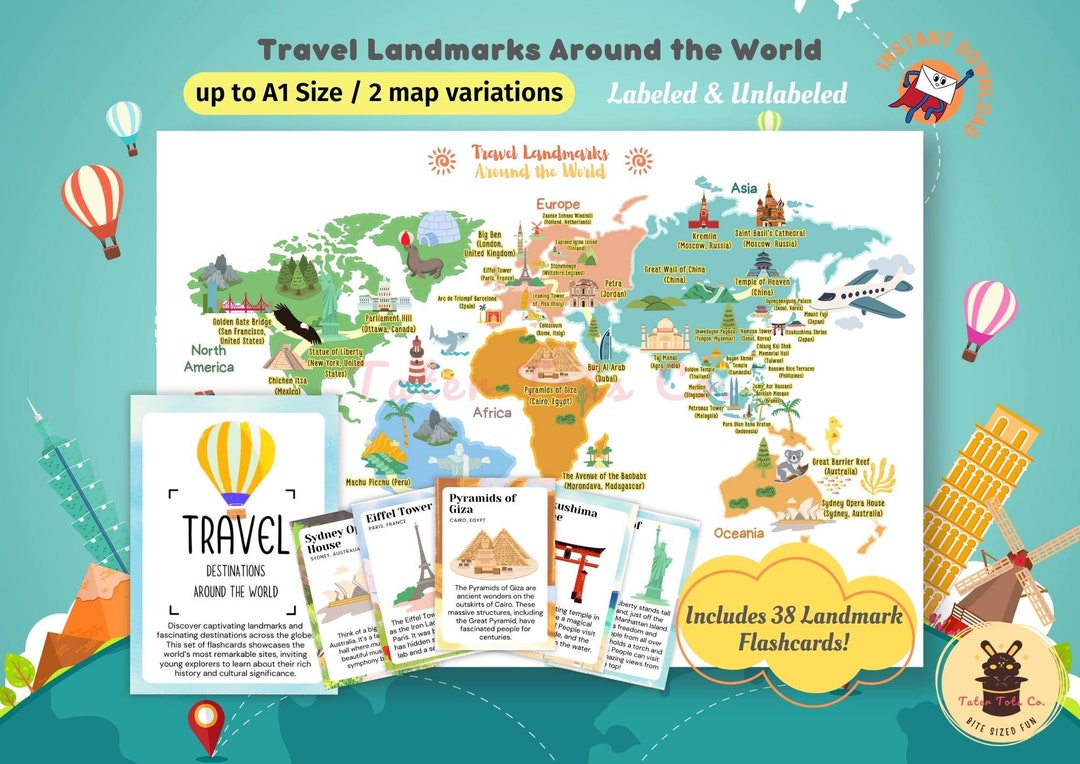 Travel Landmarks on the World Map Famous Places and Global Destinations ...