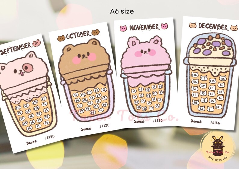 Printable 12 Months Savings Challenge: Cute Bubble Tea Animals Hand ...
