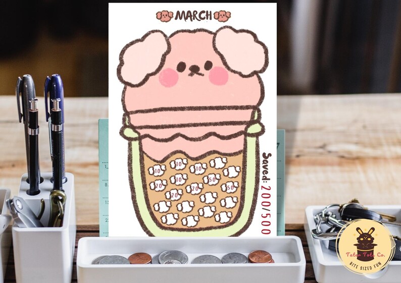 Printable 12 Months Savings Challenge: Cute Bubble Tea Animals Hand ...