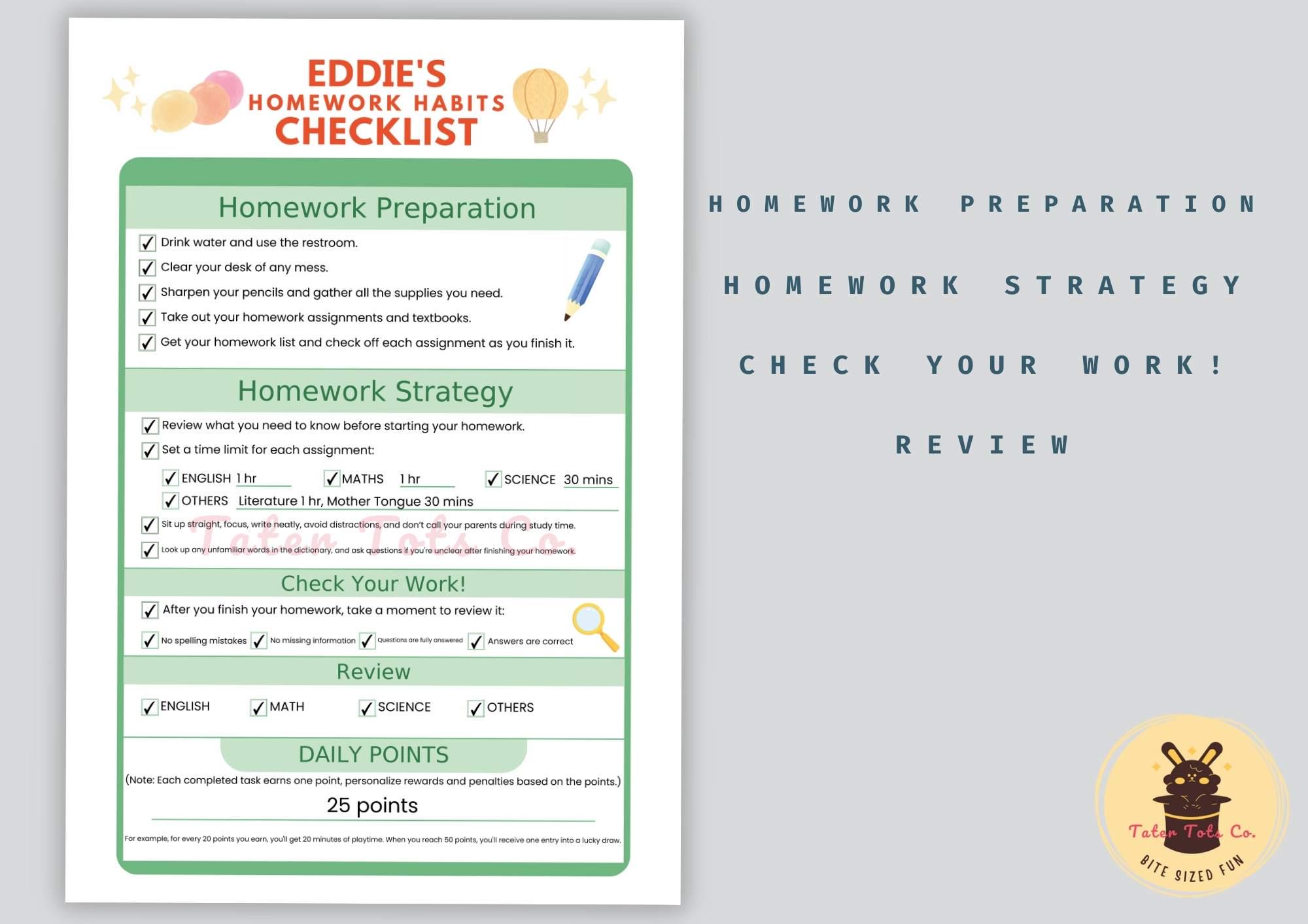 Personalized Editable Homework Habits Checklist Preparation, Strategy ...
