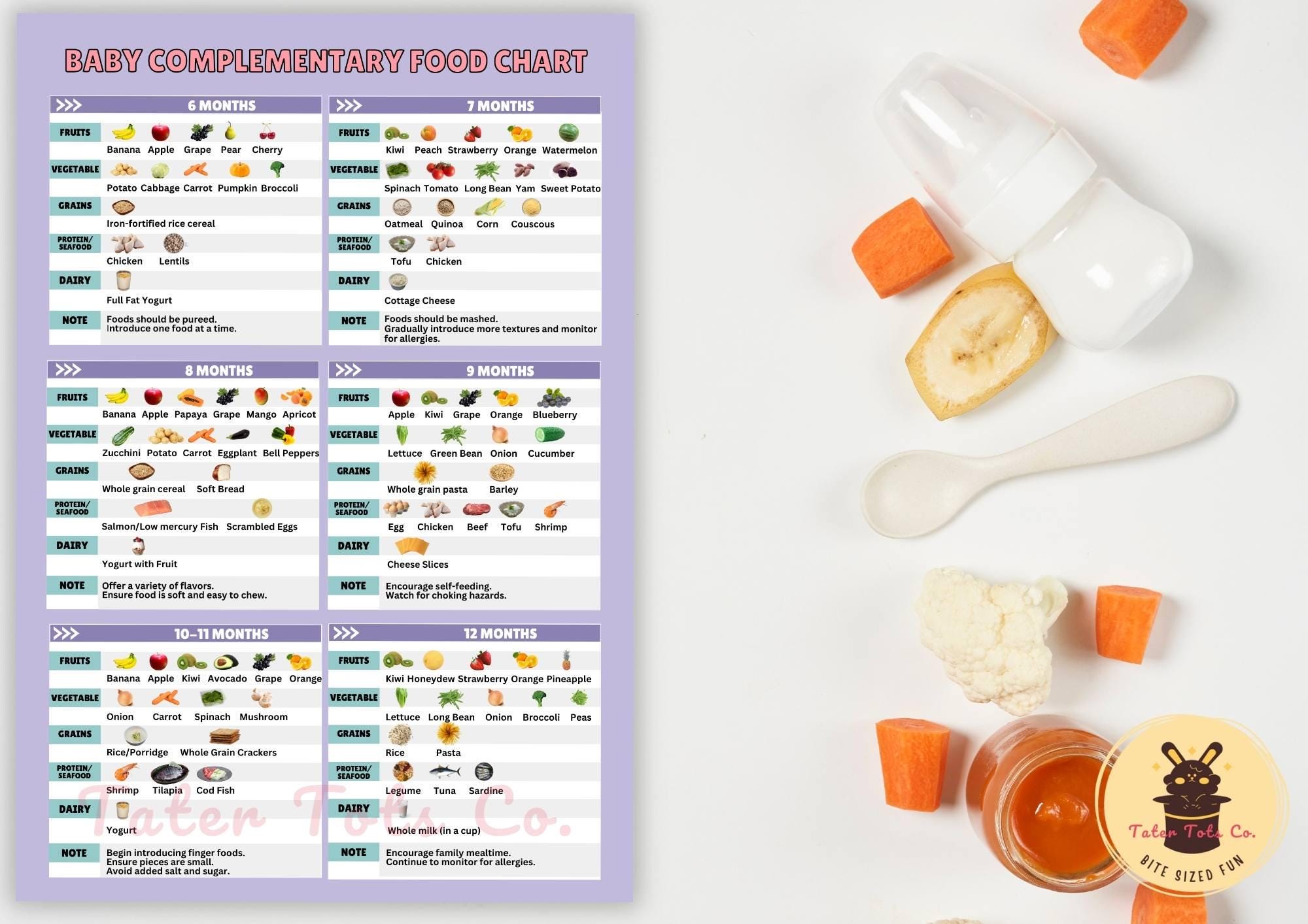 Baby Complementary Food Introduction Chart Feeding Guide for 6-12 ...
