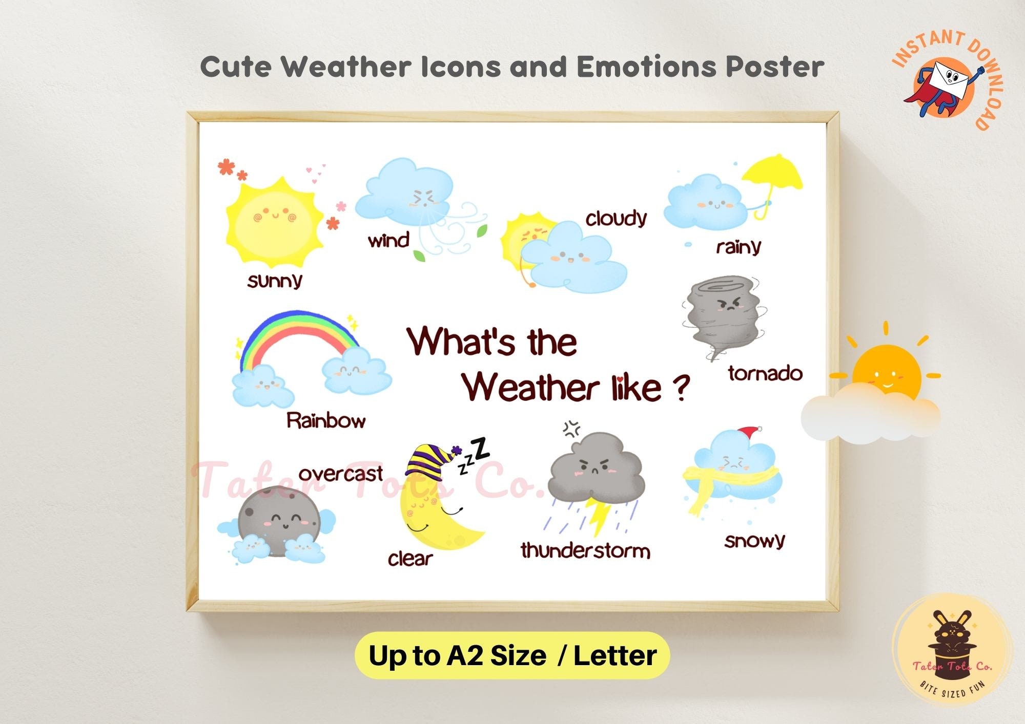 Cute Weather Icons and Emotions Poster for Baby Nursery Wall or Kids ...