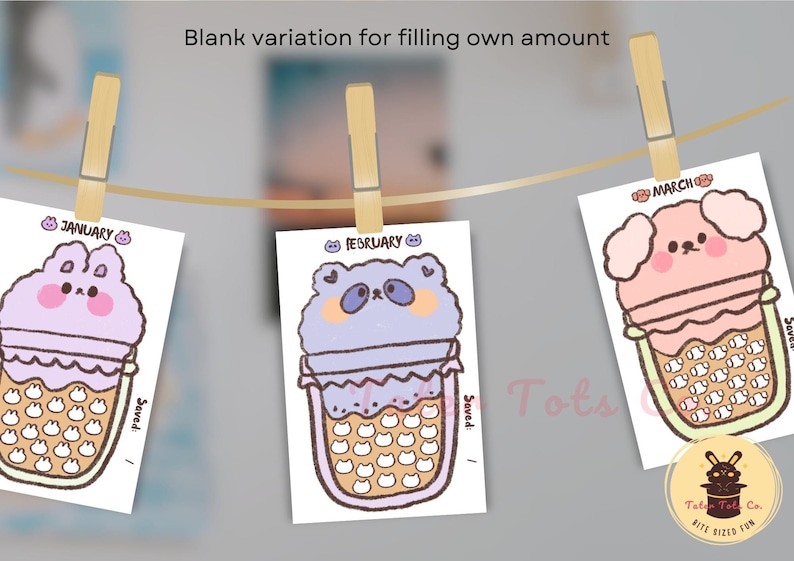 Printable 12 Months Savings Challenge: Cute Bubble Tea Animals Hand ...