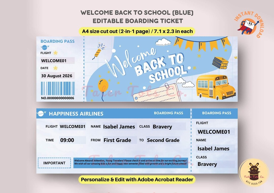 Welcome Back to School Editable Boarding Ticket - Blue Airline Pass for ...