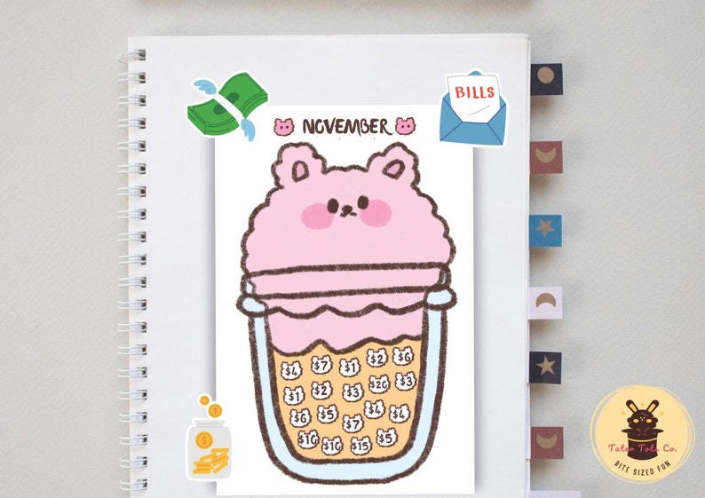 Printable 12 Months Savings Challenge: Cute Bubble Tea Animals Hand ...