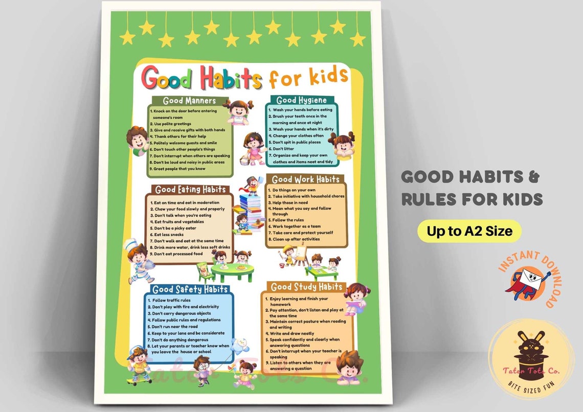 Cute Kids Daily Routine Good Habits and Behavior Chart Poster for Study ...