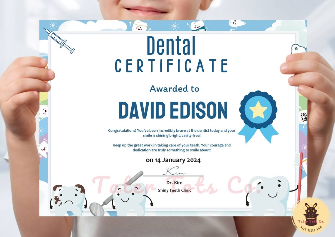 Editable Dental Check-up Completion Award Certificate Template for Preschoolers - Instant ...