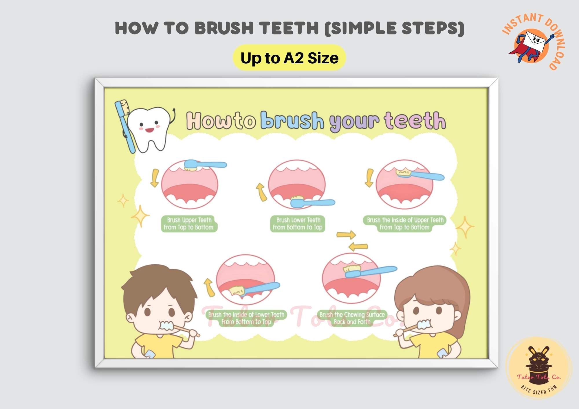 Easy Teeth Brushing Guide - How to Brush Your Teeth for Kids Oral Hygiene, Cute Hand-drawn Steps ...