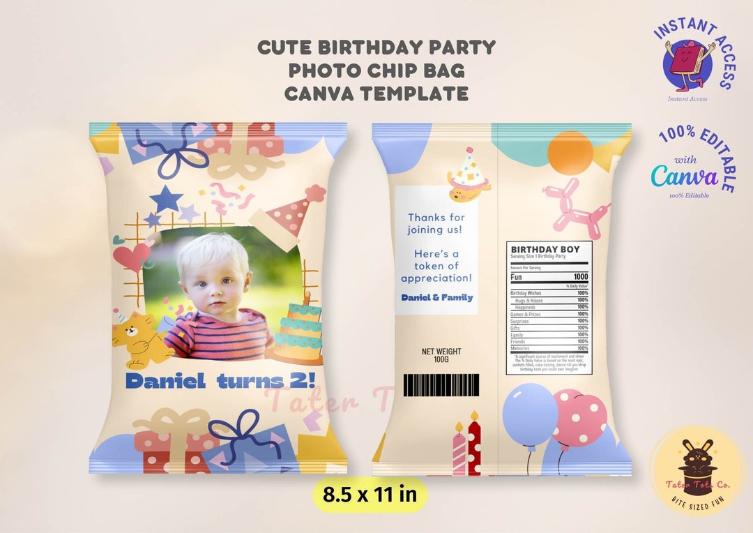 Printable Cute Birthday Party Photo Chip Bag Canva Template - Etsy